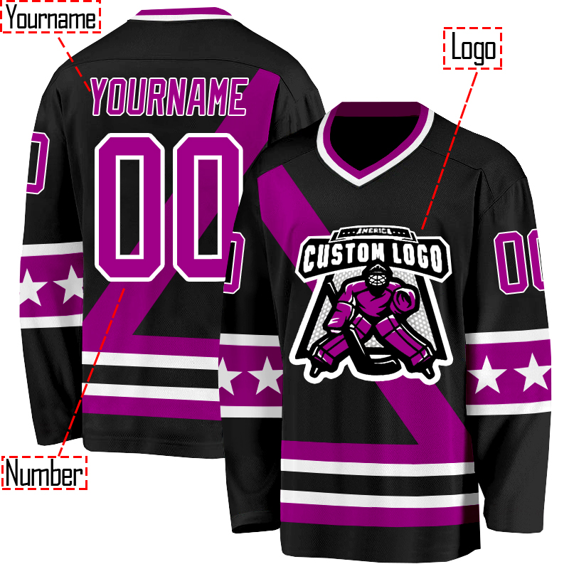 Custom black and purple hockey jersey with name, number, and team logo.