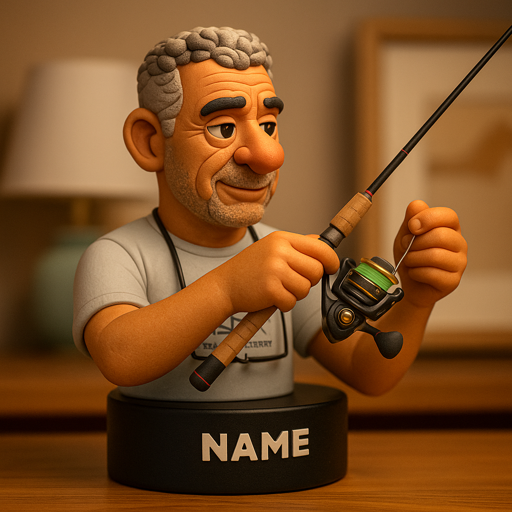 Custom fishing-themed Pixar-style figurines