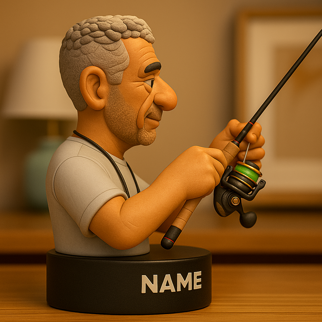 Custom fishing-themed Pixar-style figurines