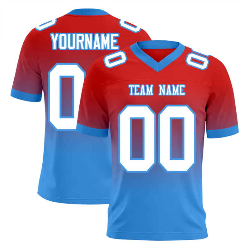 Custom blue-red gradient football jersey with name and number
